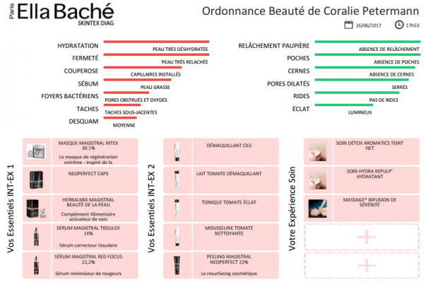 Ma fiche de diagnostic de peau à l'institut Ella Baché rue de la paix